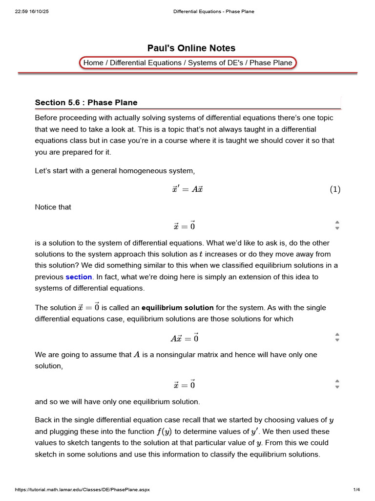 Differential Equations - Phase Plane | PDF | Algebra | Mechanics
