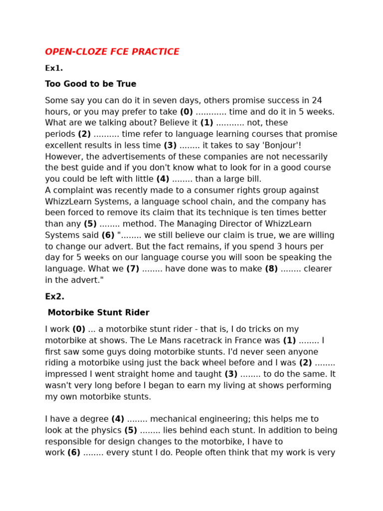 FCE Open-Cloze Practice Exercises | PDF | Advertising