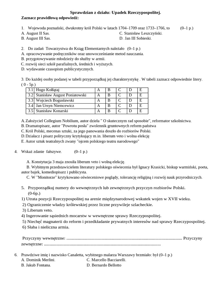 Sprawdzian Upadek Rzeczypospolitej | PDF