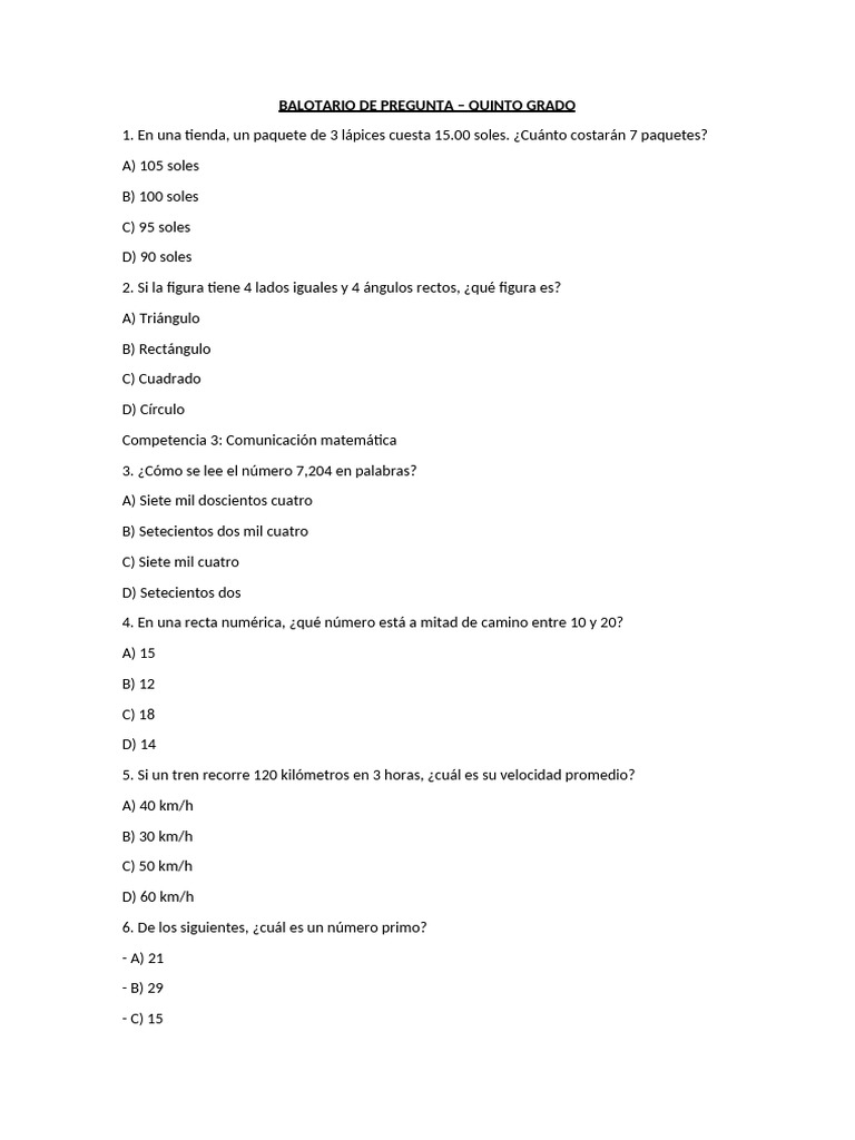 Balotario de Pregunta Sexto Grado | PDF