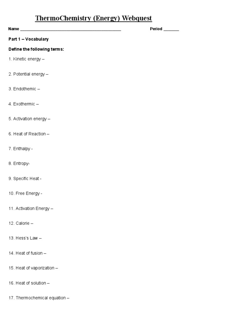 ThermoChemistry Webquest | PDF | Heat | Activation Energy