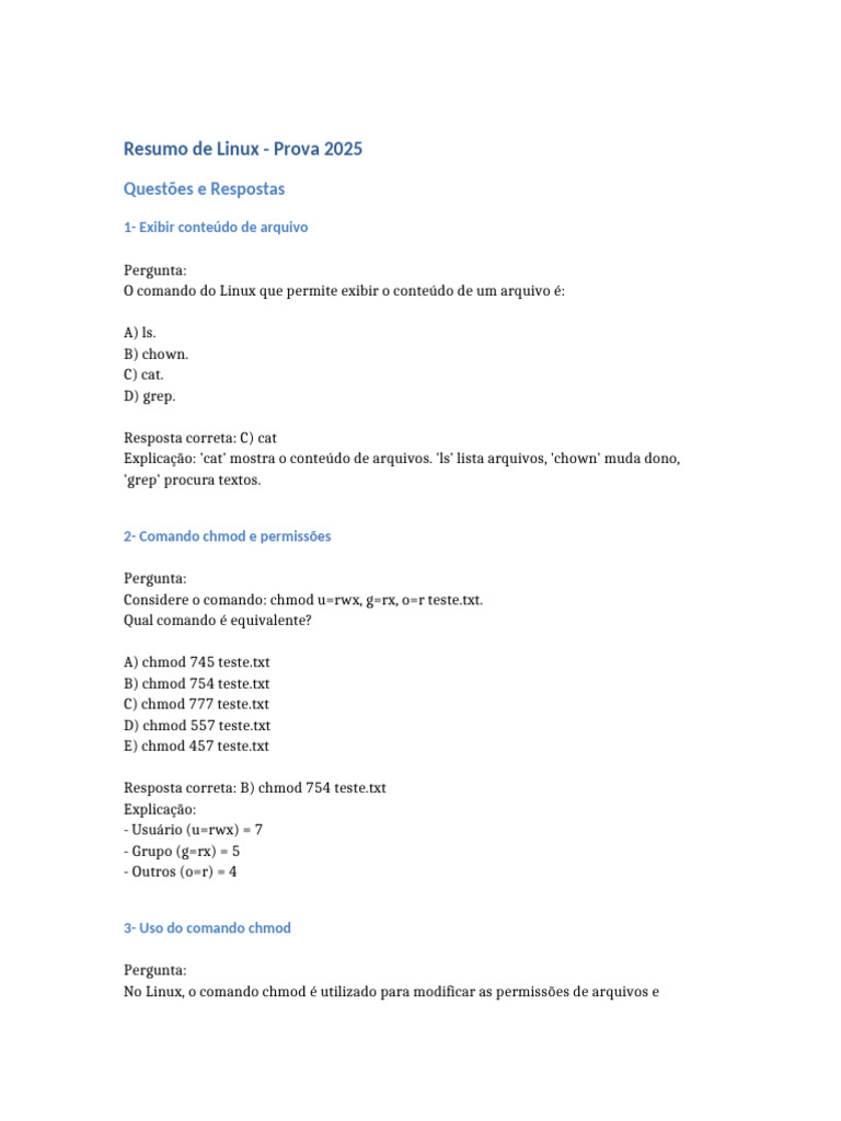 Resumo de Comandos Linux para Prova 2025 | PDF