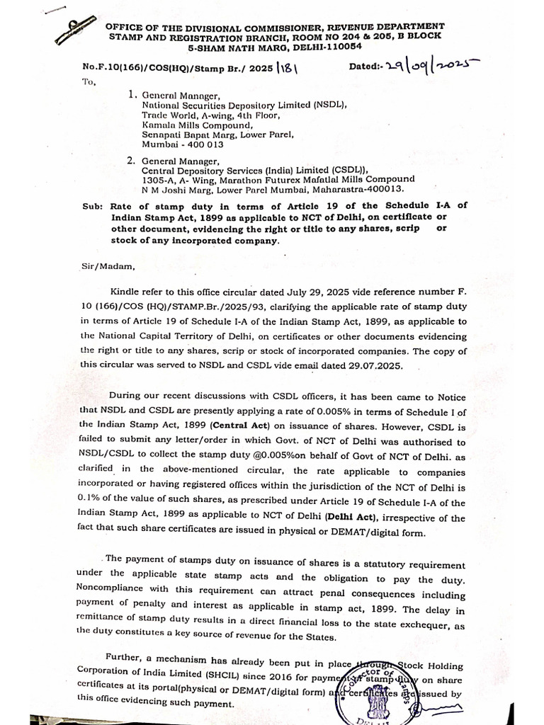 Letter To CDSL and NSDL For Stop Collecting Stamp Duty | PDF