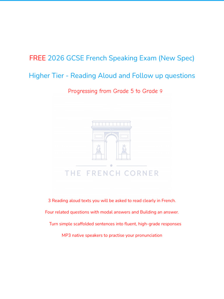 FREE 2026 AQA GCSE Higher French Speaking Exam Part 2 Reading Aloud ...