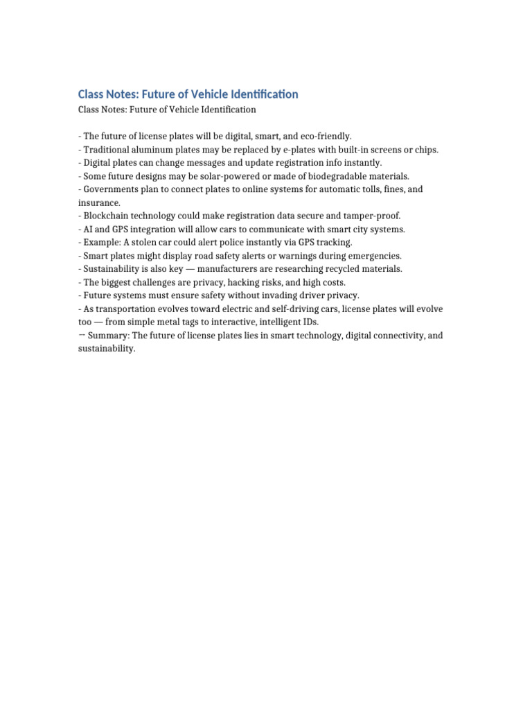 Class Notes Future of Vehicle Identification | PDF