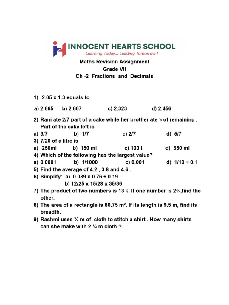 Grade 7 CH 2 Revision Assignment | PDF