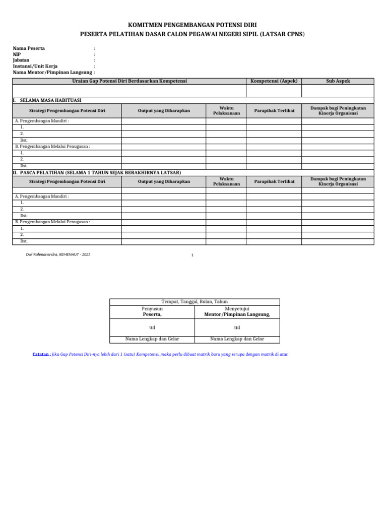 Form Pengembangan Potensi Diri Latsar Cpns 2025 Dwi | PDF