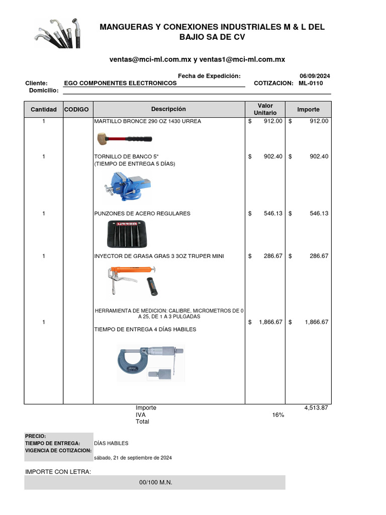 Cotización ML-0110 para EGO Componentes | PDF
