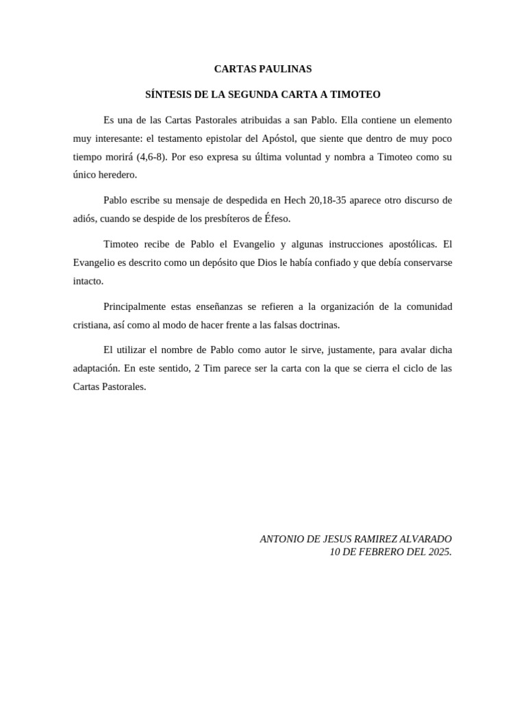 Sintesis de La Segunda Carta A Timoteo | PDF