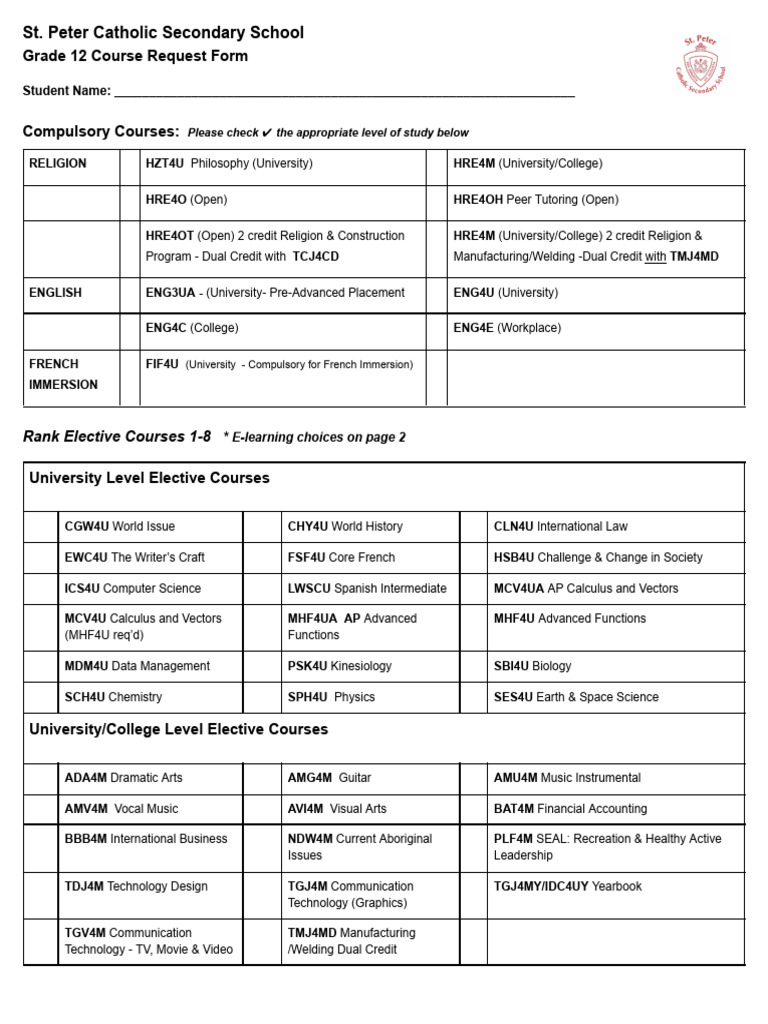 2025 - 2026 Grade 12 Course Selection Final | PDF