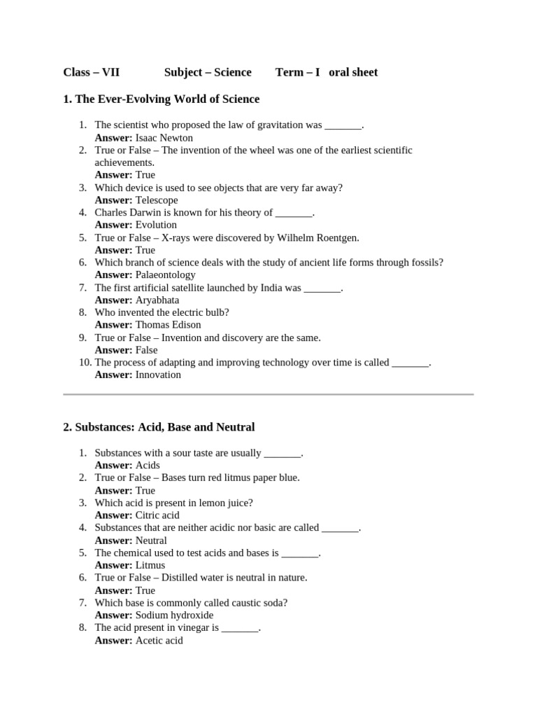 Class 7 Science Term 1 Oral Sheet | PDF | Electric Current | Metals