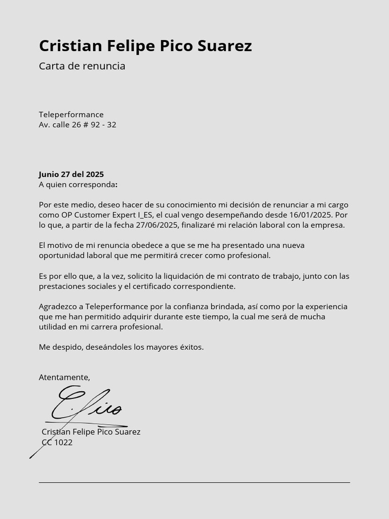 Carta de Renuncia en Blanco Simple Negro Gris | PDF