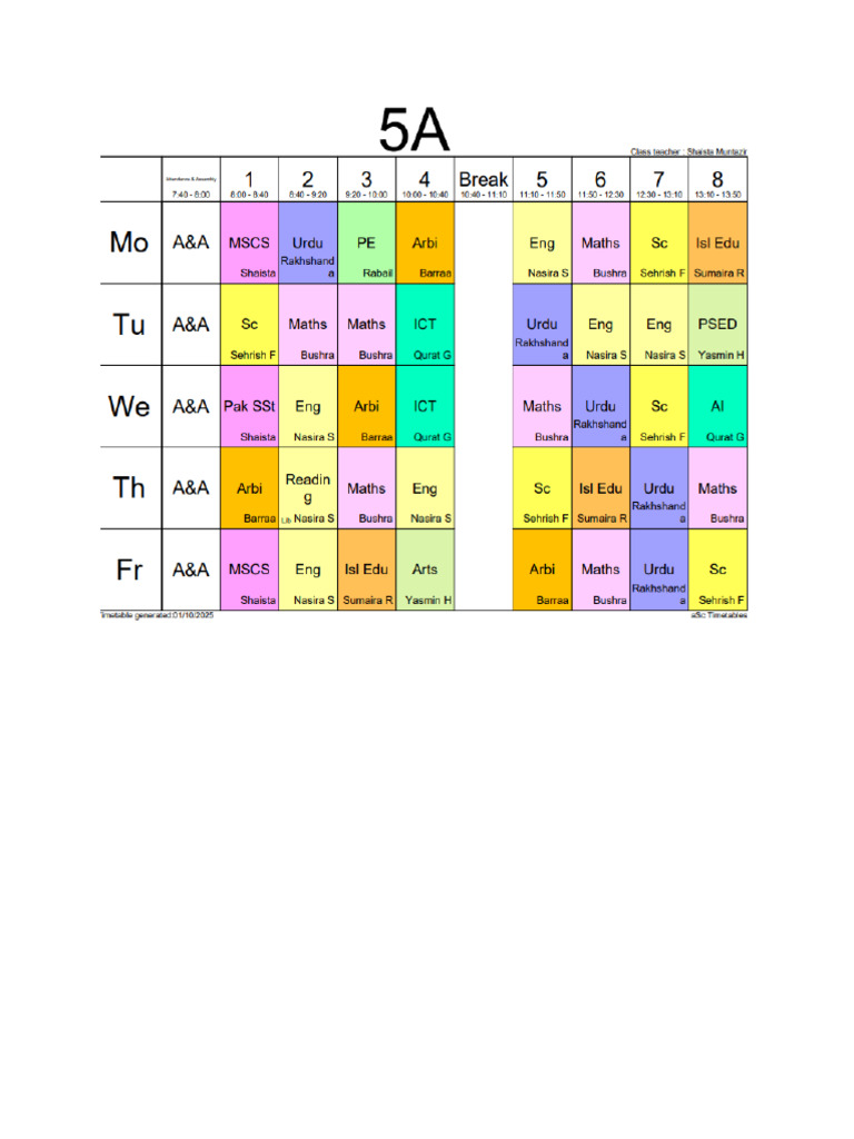 5A Time Table 2nd Term | PDF