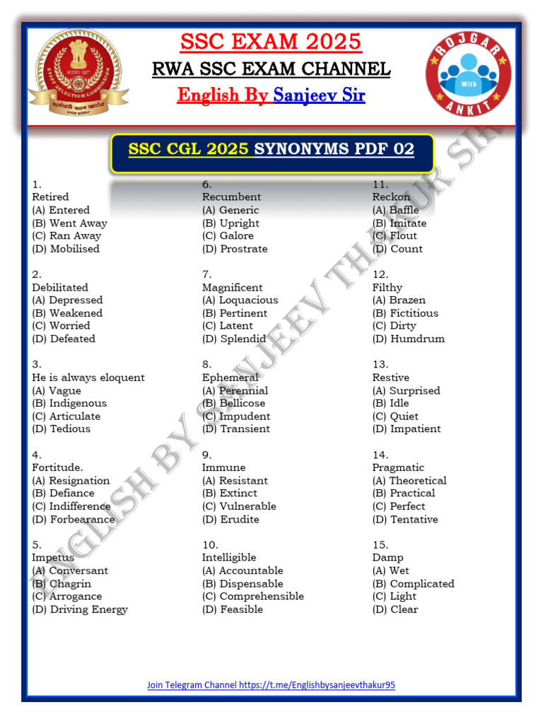 SSC CGL 2025 Synonyms Practice PDF | PDF