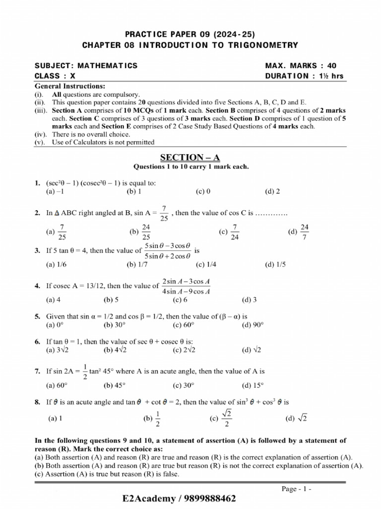10th Maths Trigonometry WS 4 | PDF
