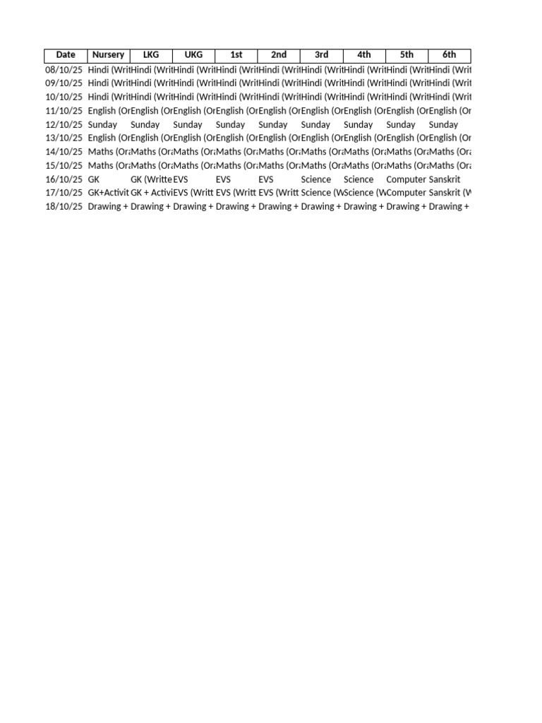 Exam Schedule for Nursery to 6th Grade | PDF