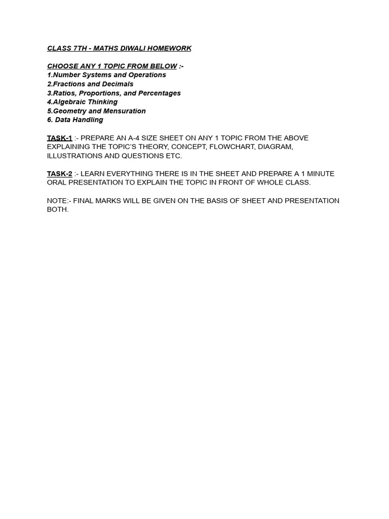 Class 7th - Maths Diwali HHW | PDF