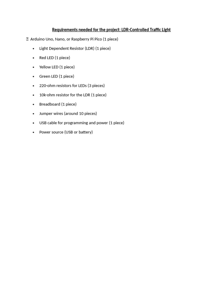 Requiements Neede For LDR - Controlled Traffic Light Project | PDF