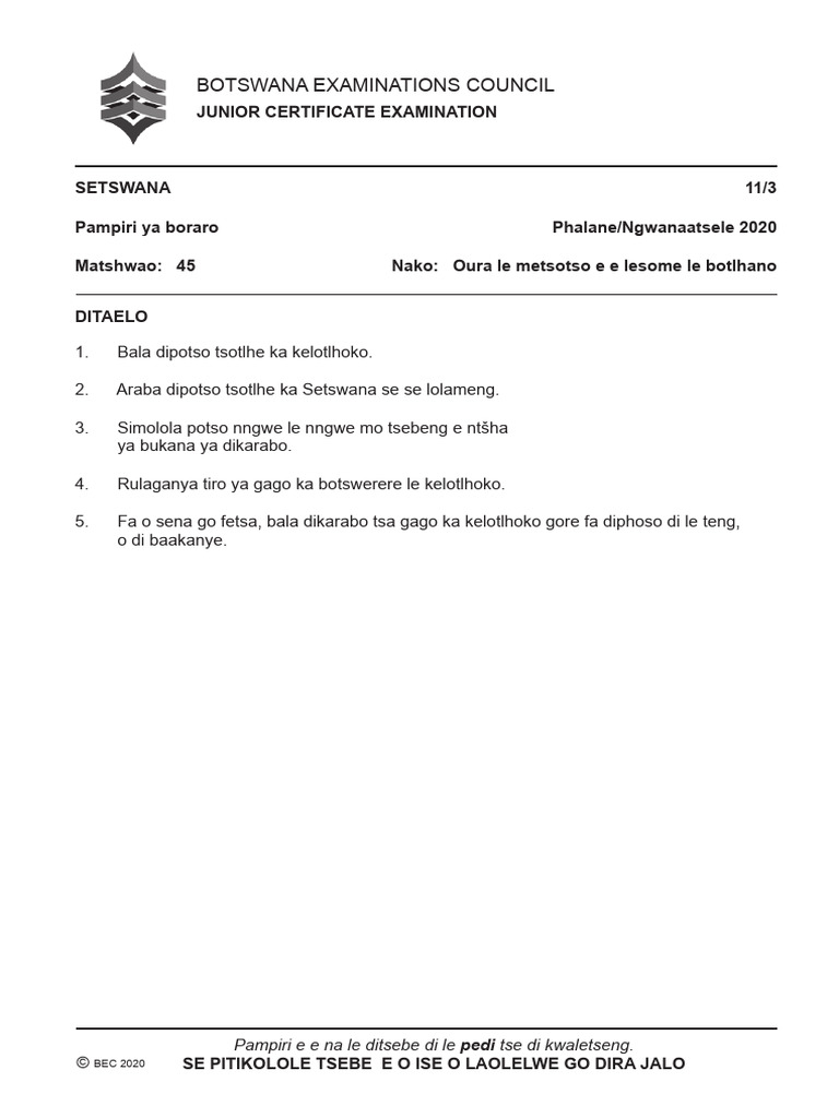 Jce Setswana Paper 3 2020 | PDF