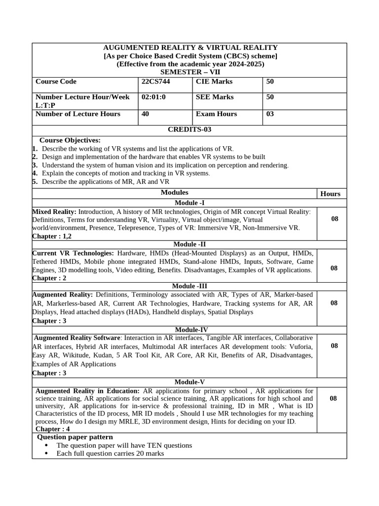 AR & VR Course Syllabus 2024-2025 | PDF | Augmented Reality | Virtual ...