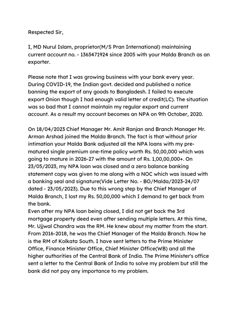 Complaint Against Bank NPA Handling | PDF