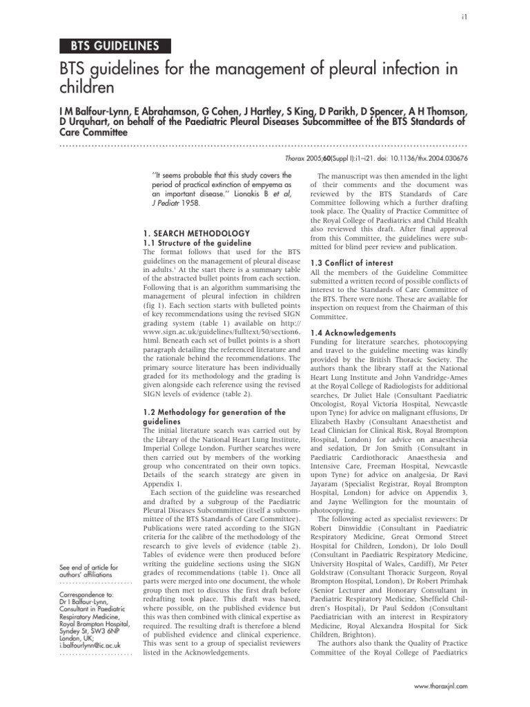 BTS Guidelines For The Management of Pleural Infection in Children ...