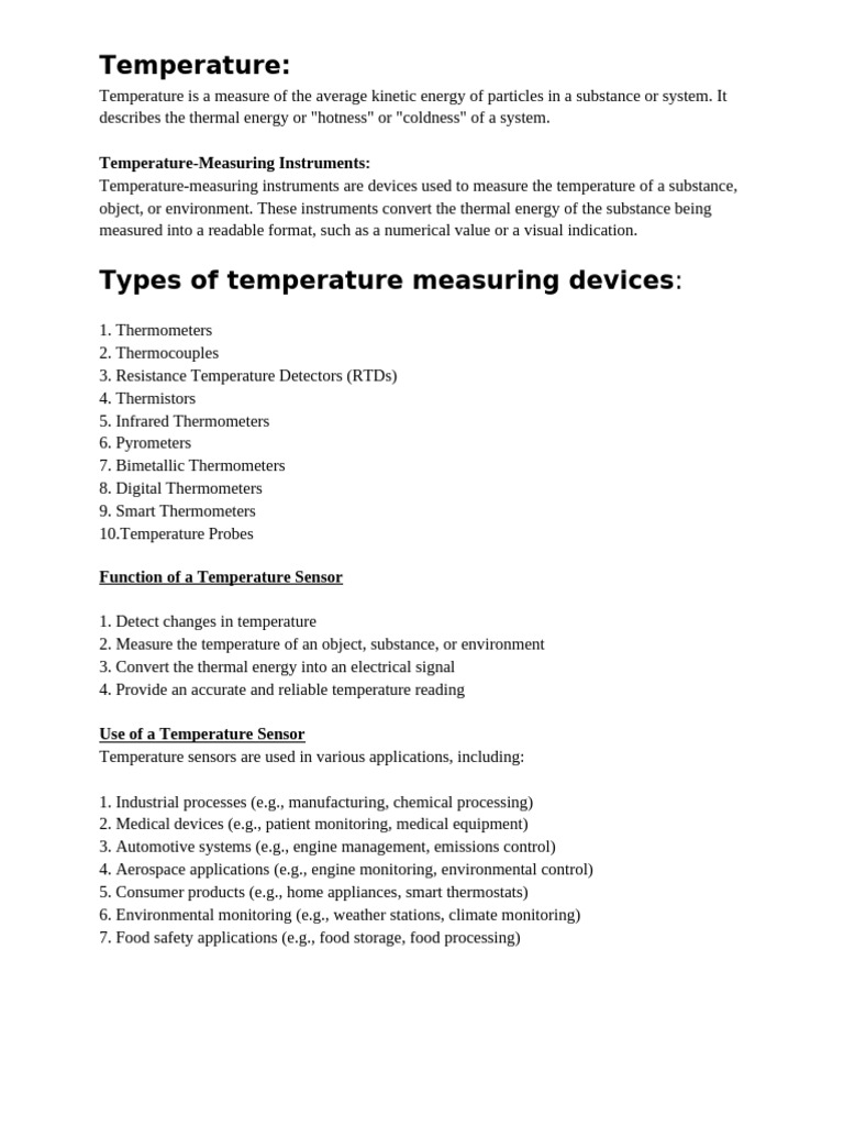 Types and Uses of Temperature Sensors | PDF | Thermometer | Thermocouple