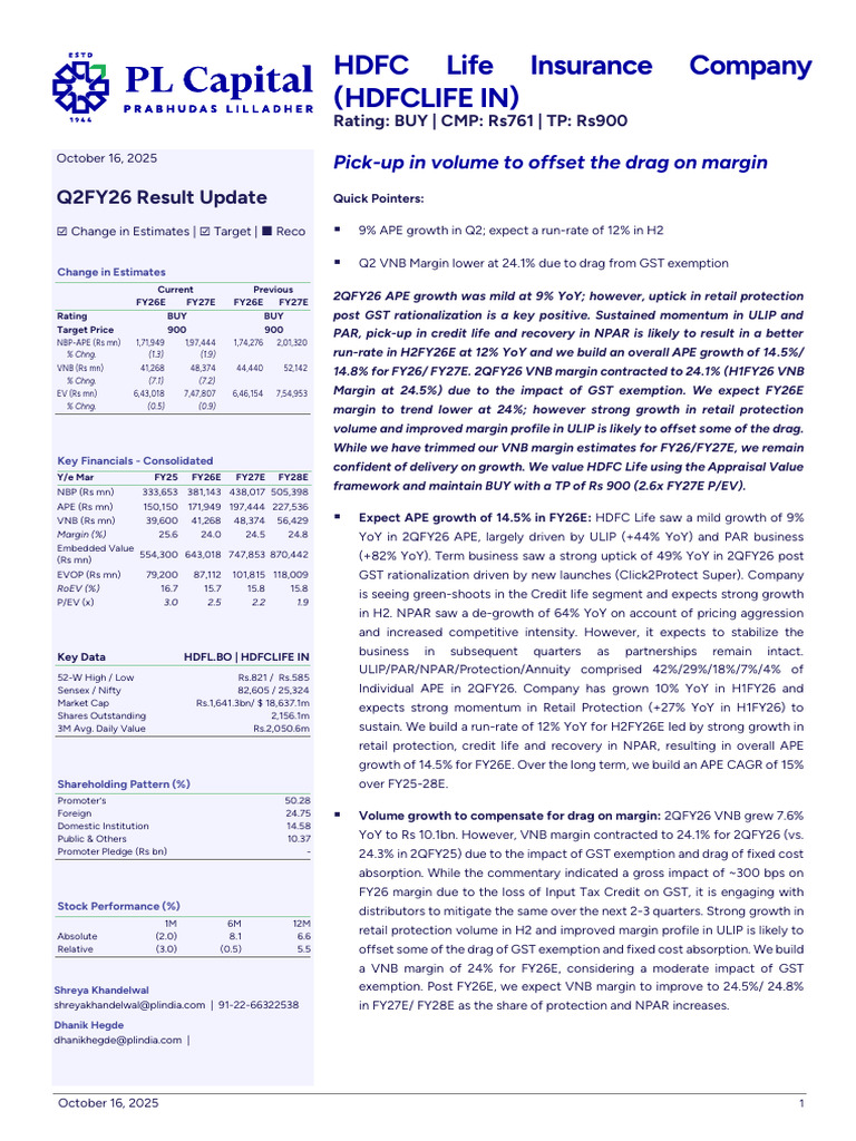 HDFC Life Q2FY26 Results Analysis | PDF | Insurance | Financial Services