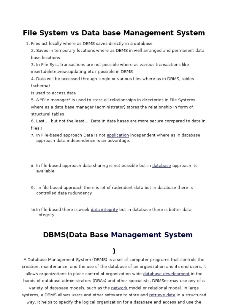 File System vs DBMS comparison | PDF | Sql | Databases