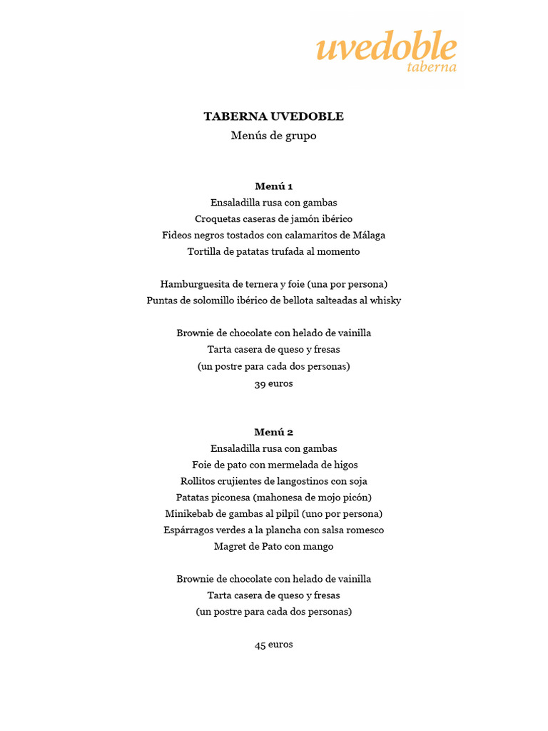 Menús de grupo en Taberna Uvedoble | PDF