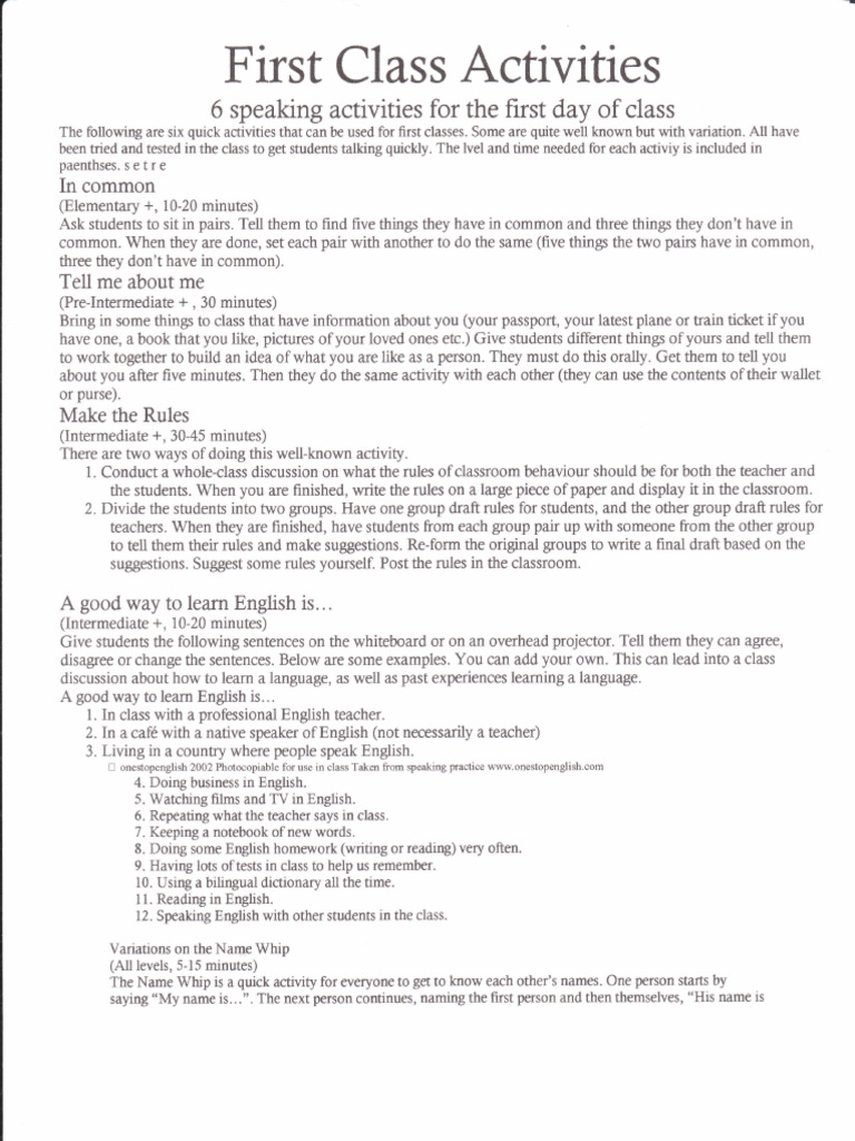 Class Activities and Games | PDF | Learning | Linguistics