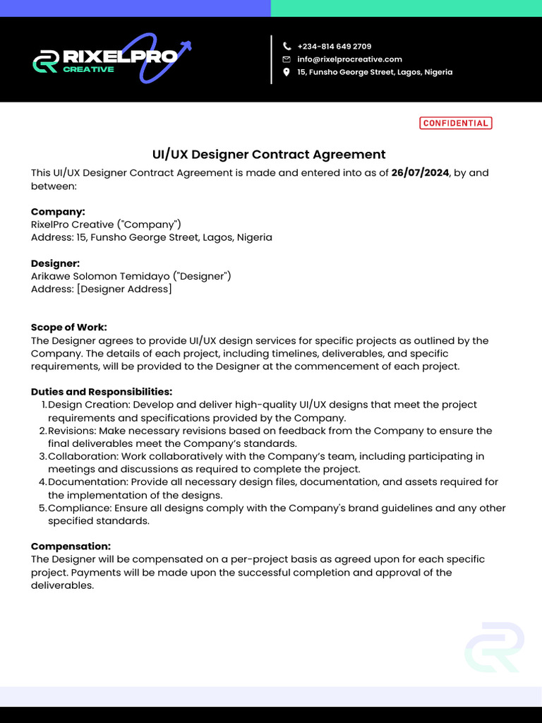 UI/UX Designer Contract Agreement | PDF | Employment | Business Law