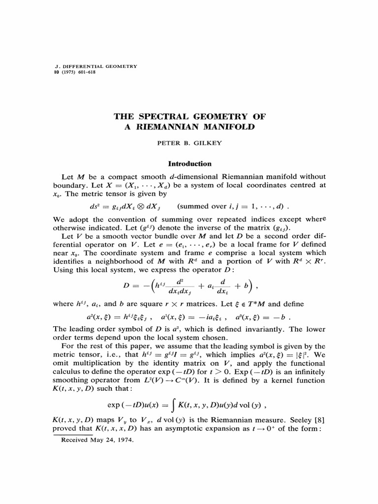 The Spectral Geometry of A Riemannian Manifold | PDF | Tensor | Derivative
