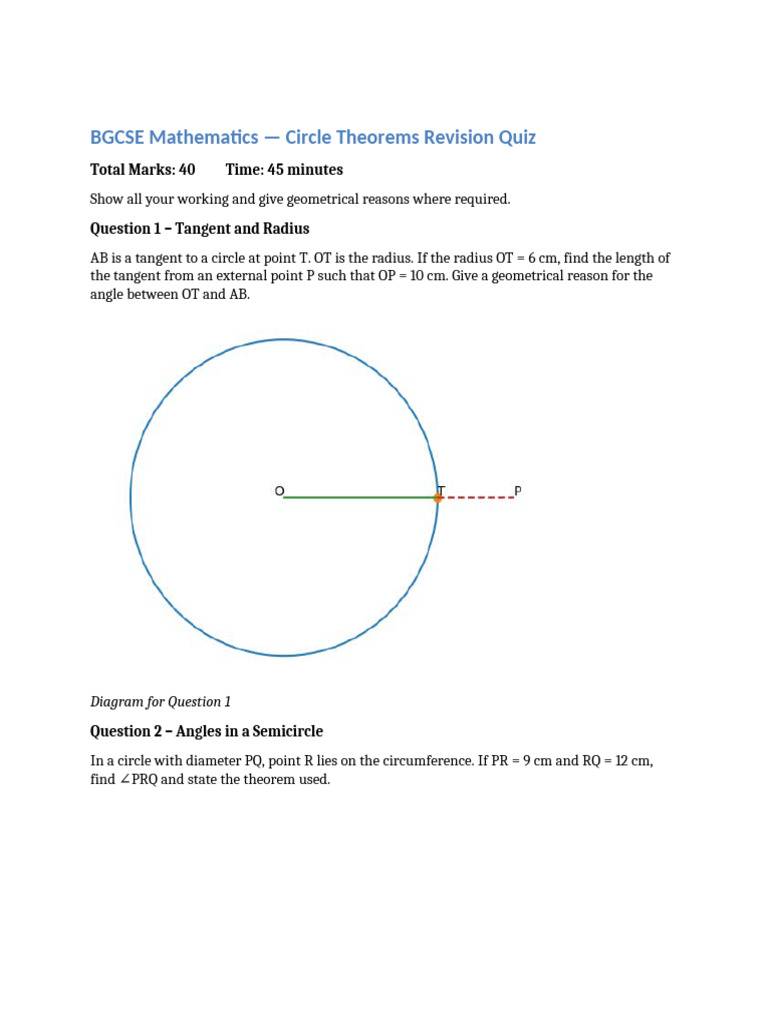 Circle Theorems Quiz With Diagrams | PDF