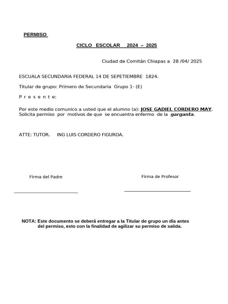 Permiso de Salida Escolar para Alumno Enfermo | PDF