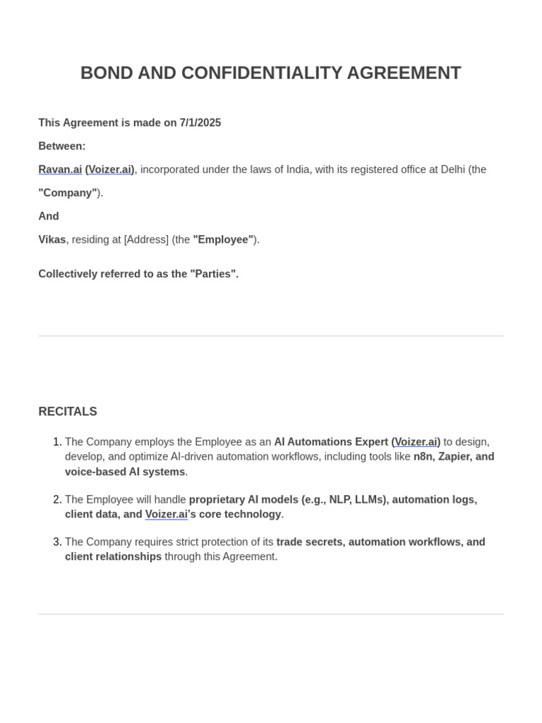 Bond and Confidentiality Agreement For Ai Automation - Template | PDF ...