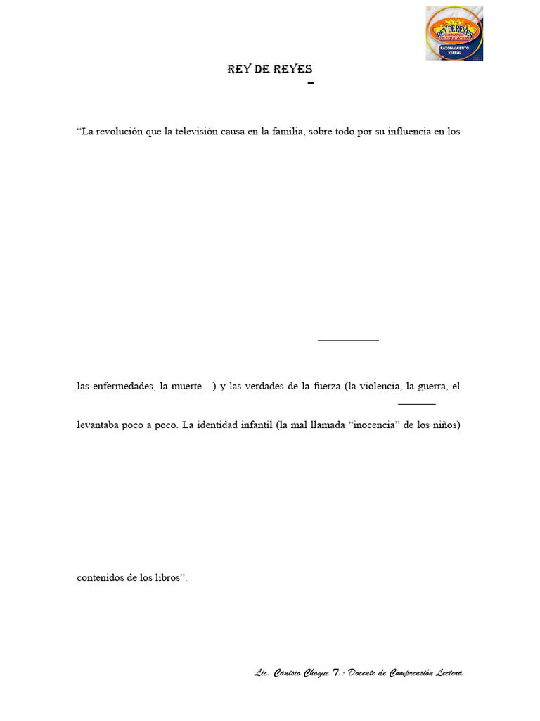 7ma Práctica Comprensión Lectora - Rey de Reyes | PDF | Comprensión ...