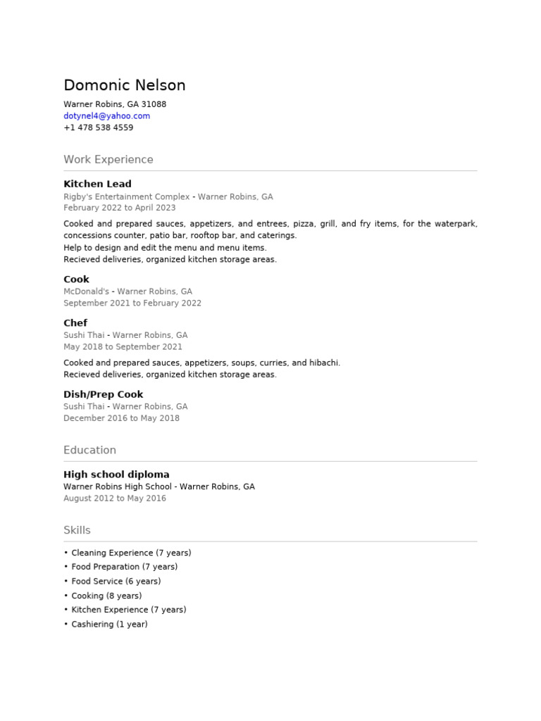 Experienced Kitchen Lead & Chef Resume | PDF
