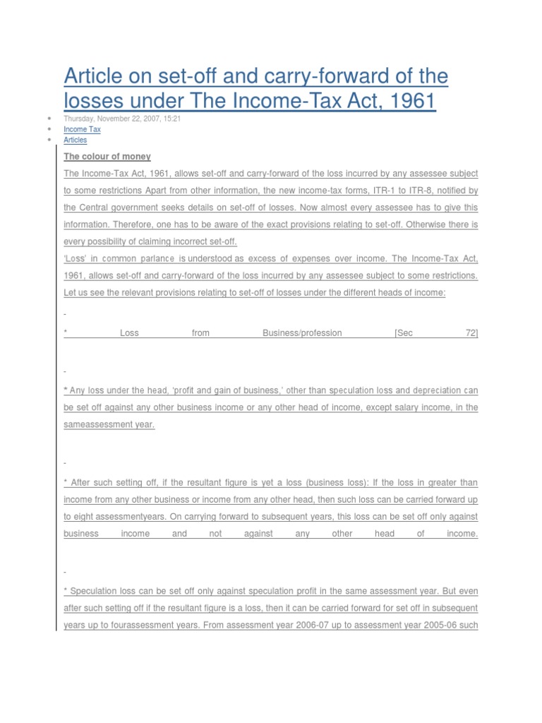 Article On Set-Off and Carry-Forward of The Losses Under The Income-Tax ...