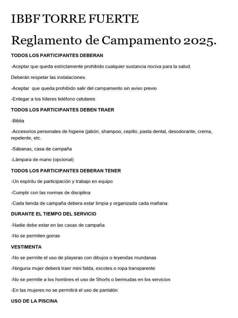 Reglamento Campamento IBBF 2025 | PDF
