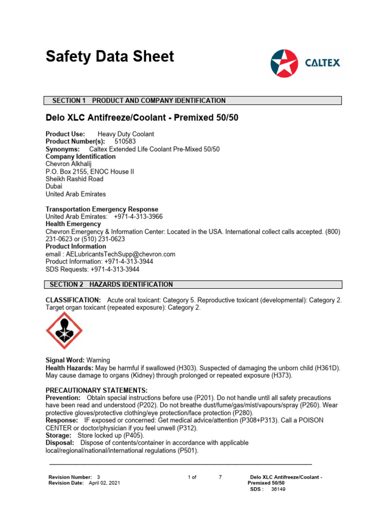 Safety Data Sheet CALTEX Delo XLC Antifreeze - Coolant - Premixed 50 ...