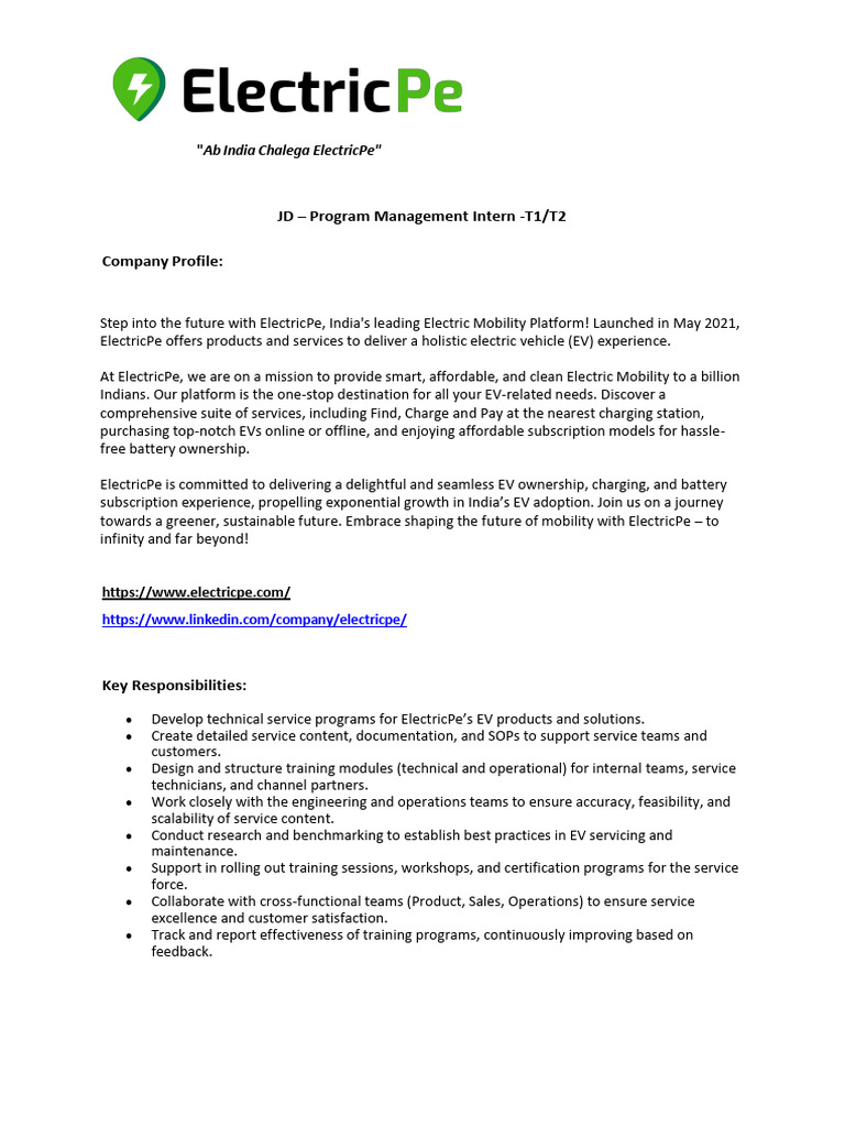JD - Program Management Intern (Mechanical) - Btech | PDF | Electric Vehicle