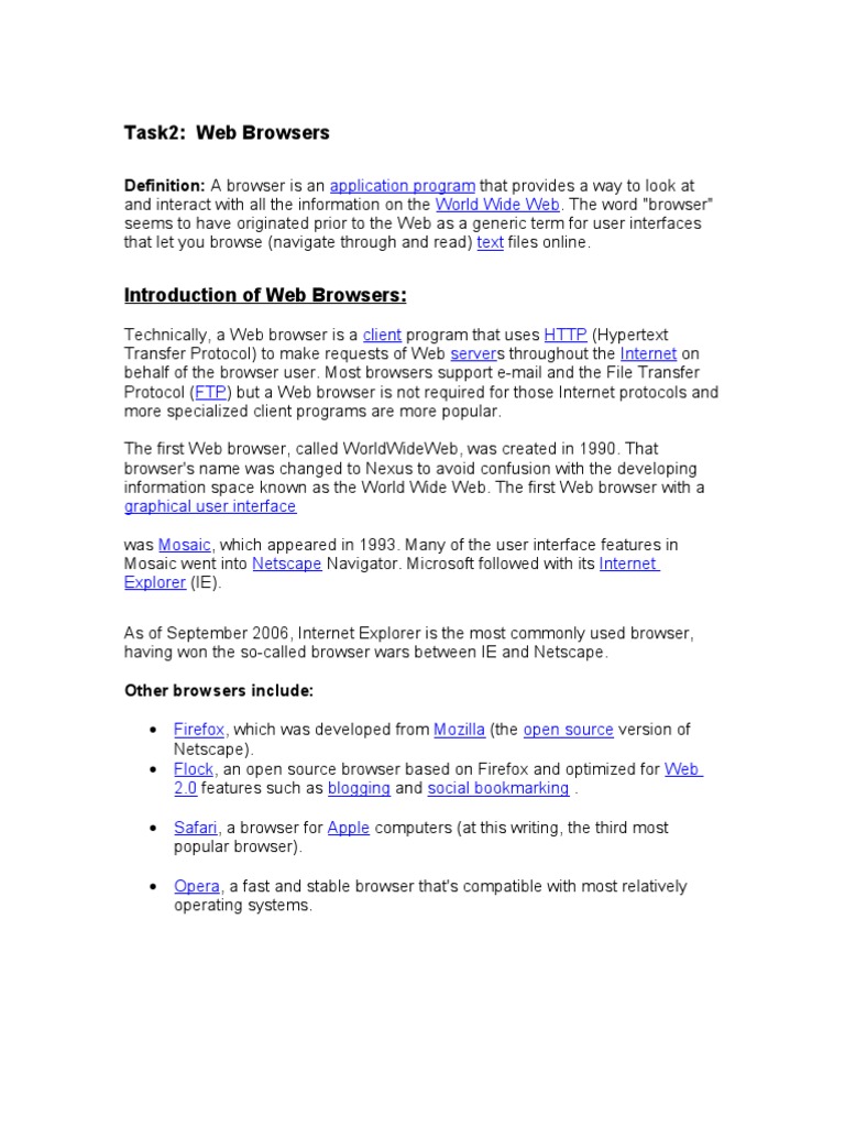 Task2: Web Browsers: Definition: A Browser Is An | PDF | Web Browser ...