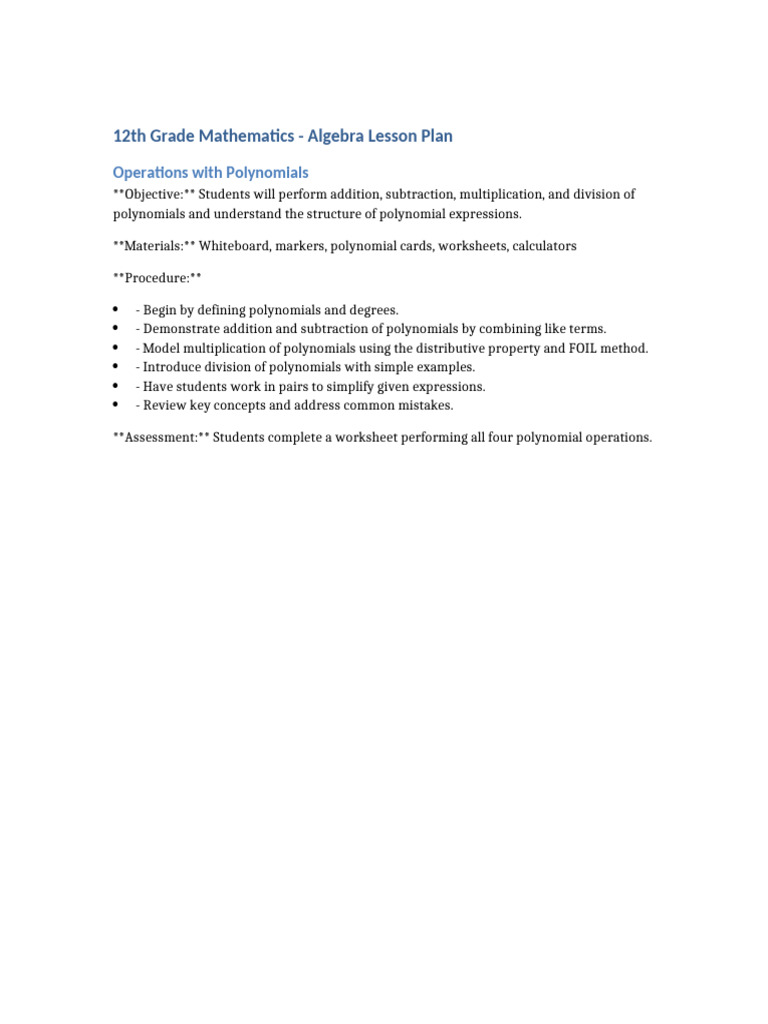 12th Grade Algebra: Polynomial Operations | PDF