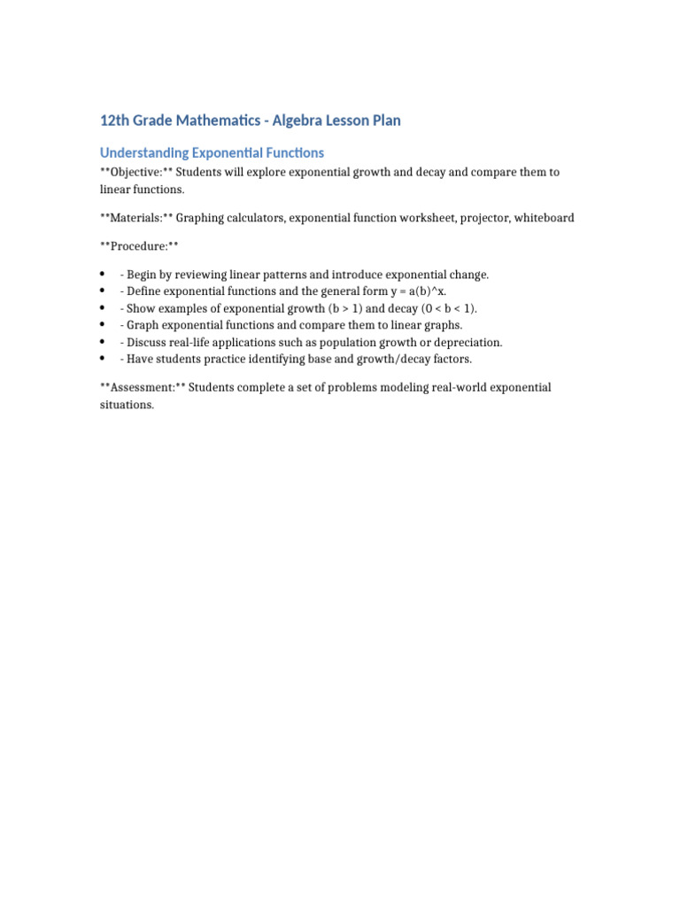 12th Grade Algebra Lesson 2 Exponential Functions | PDF