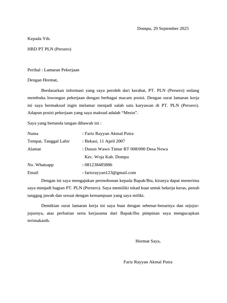 Surat Lamaran Fariz Rayyan Akmal Putra | PDF