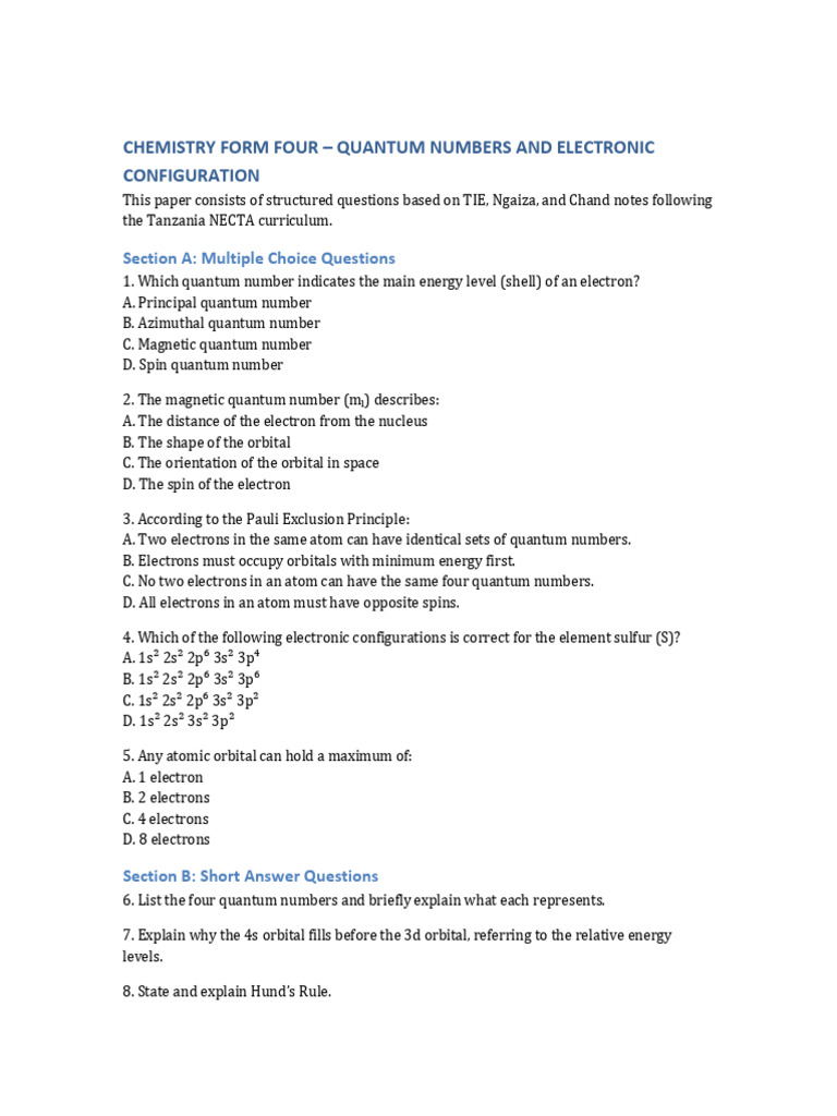 Quantum Numbers and Electronic Configuration Questions | PDF | Electron ...