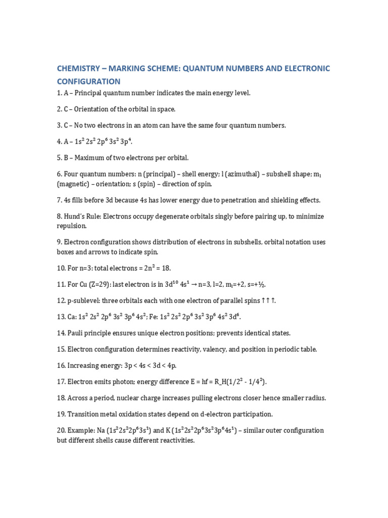 Quantum Numbers and Electronic Configuration Answers | PDF