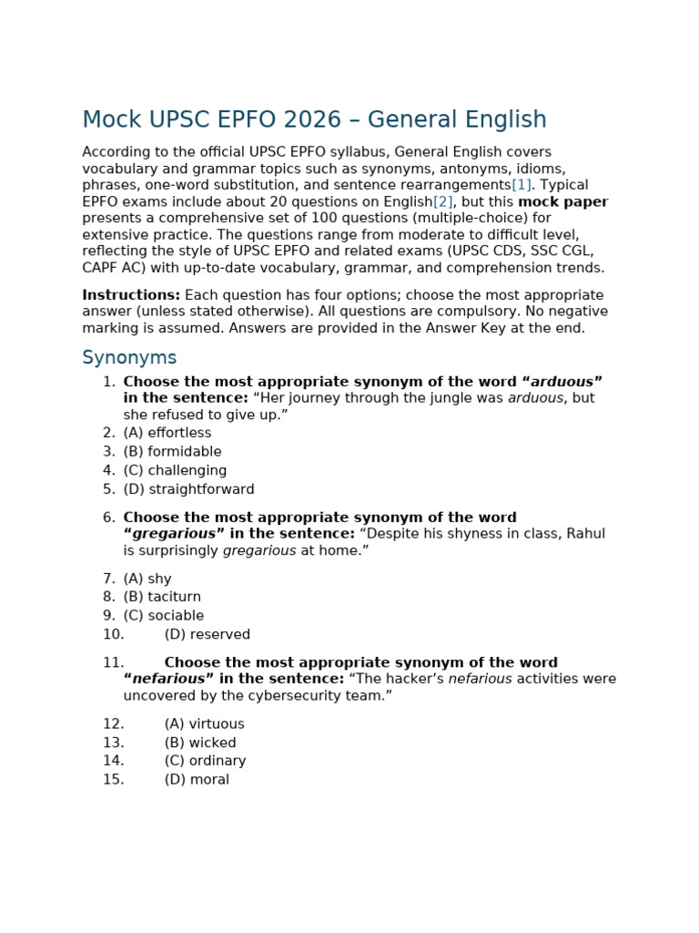 Mock Test for UPSC EPFO 2026 English | PDF | Wind Power | Renewable Energy