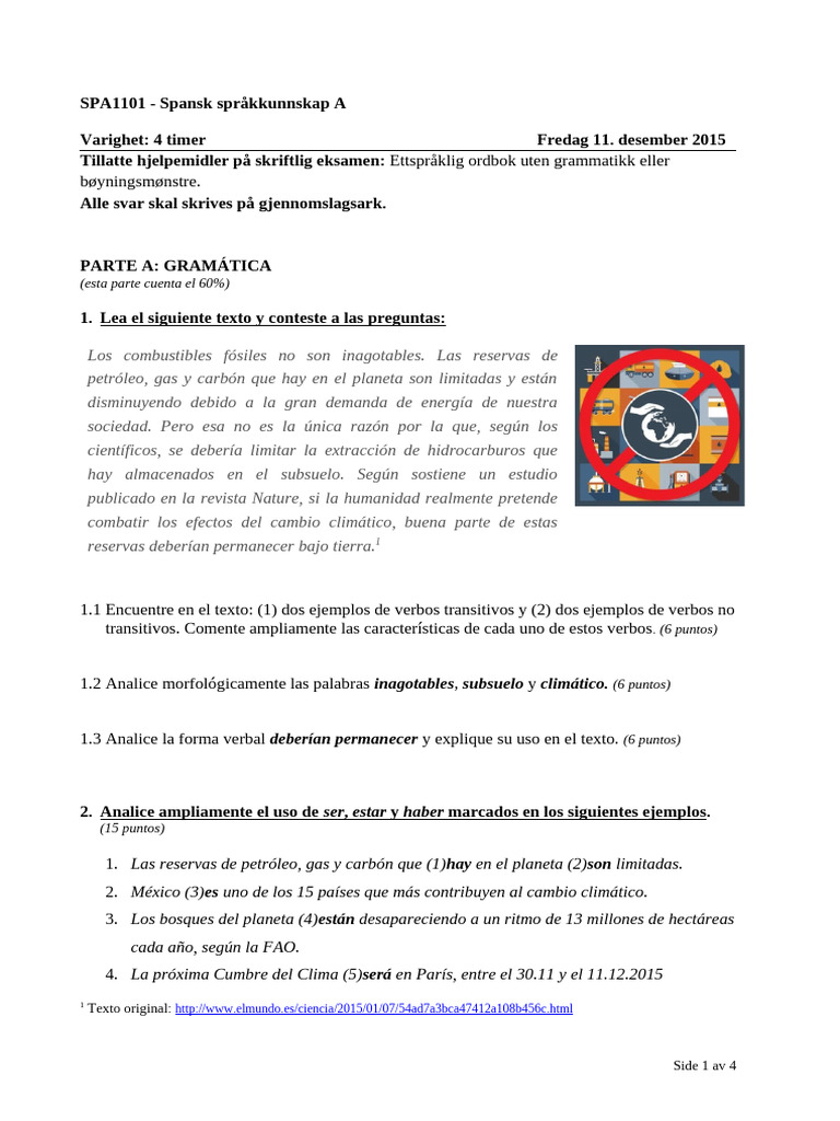 Modelo de Examen de Español para Alumnos Noruegos de Nivel Intermedio ...